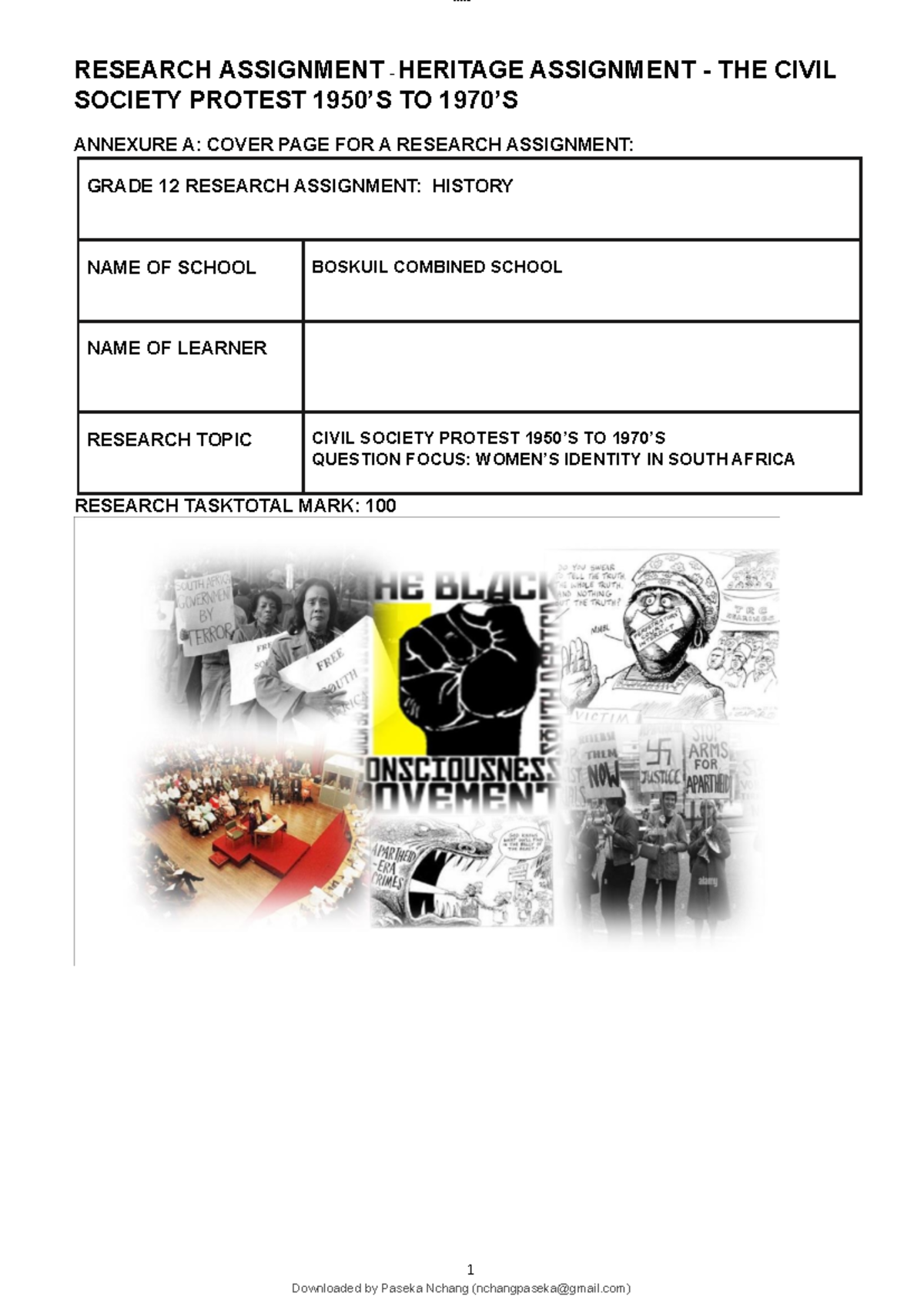 Grade 12 History Research Assignment: Civil Society Protests (1950s ...