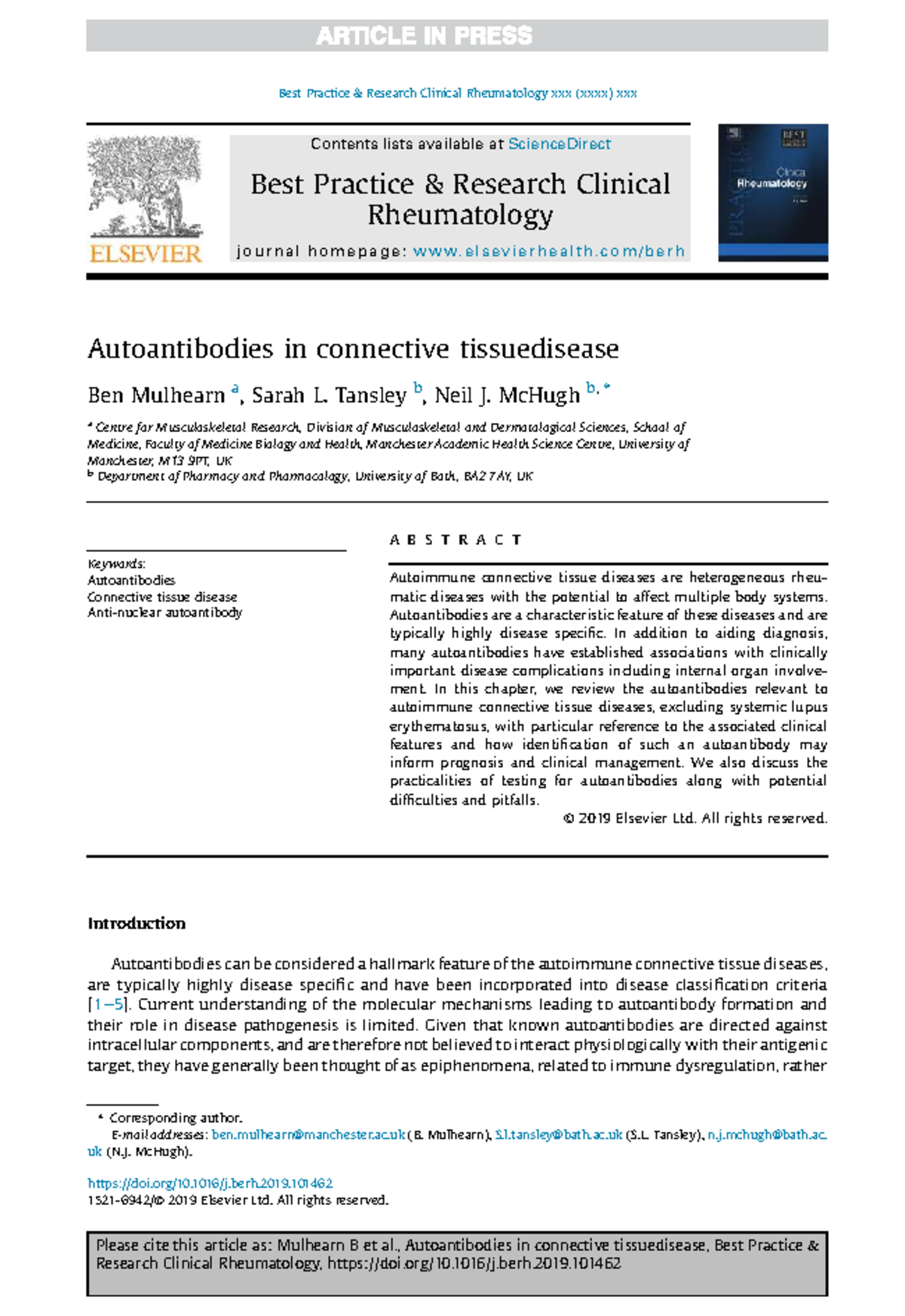 Autoantibodies in Connective Tissue Disease: Best Practices (BPRCR ...