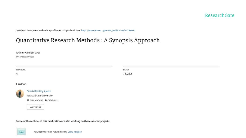 Quantitative Research Methods: A Synopsis Approach (BUS 101) - Studocu
