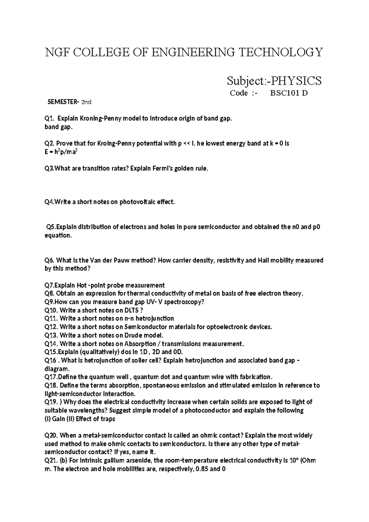 BSC101 D 2nd Code: Important Questions on Band Gap & Semiconductors ...