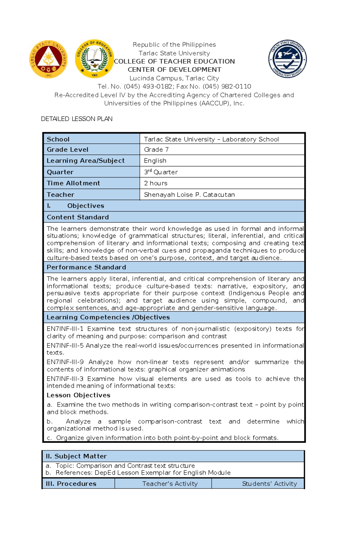 DLP - Grade 7 - Comparison and Contrast Lesson Plan - Studocu