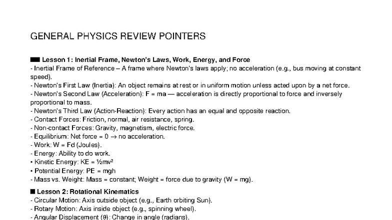 PHYS 101: General Physics Review Pointers - Key Concepts & Equations - Studocu