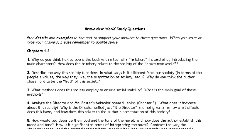 Brave New World (ENG 101) Study Questions and Analysis - Studocu