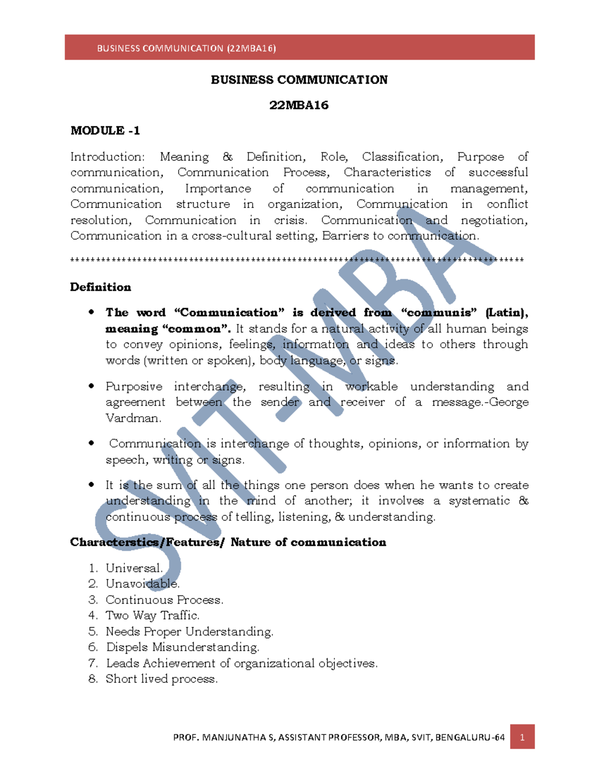 BUSINESS COMMUNICATION (22MBA16) MODULE: Key Concepts and Processes ...