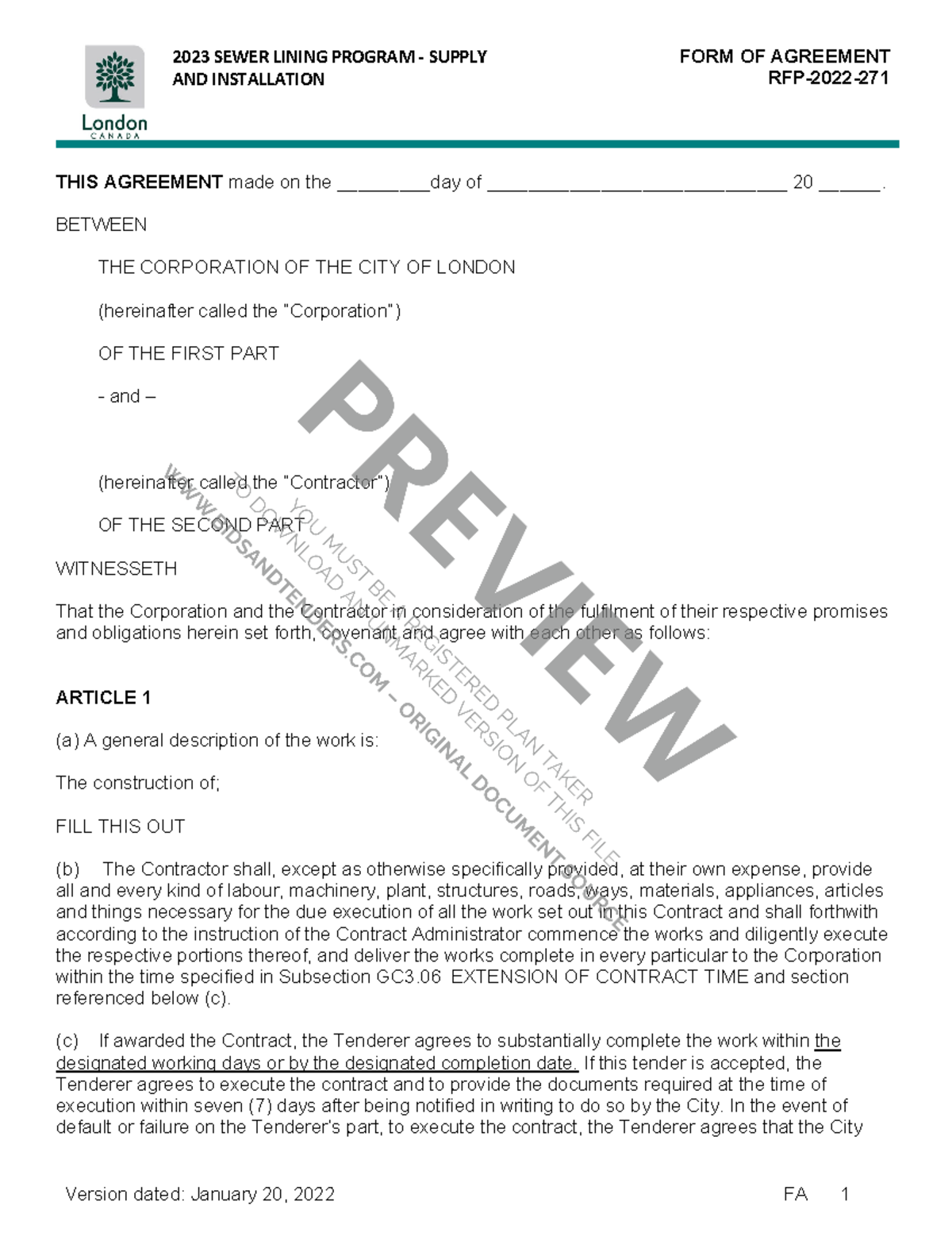 Appendix F - Form of Agreement per Addendum 1 - AND INSTALLATION RFP ...