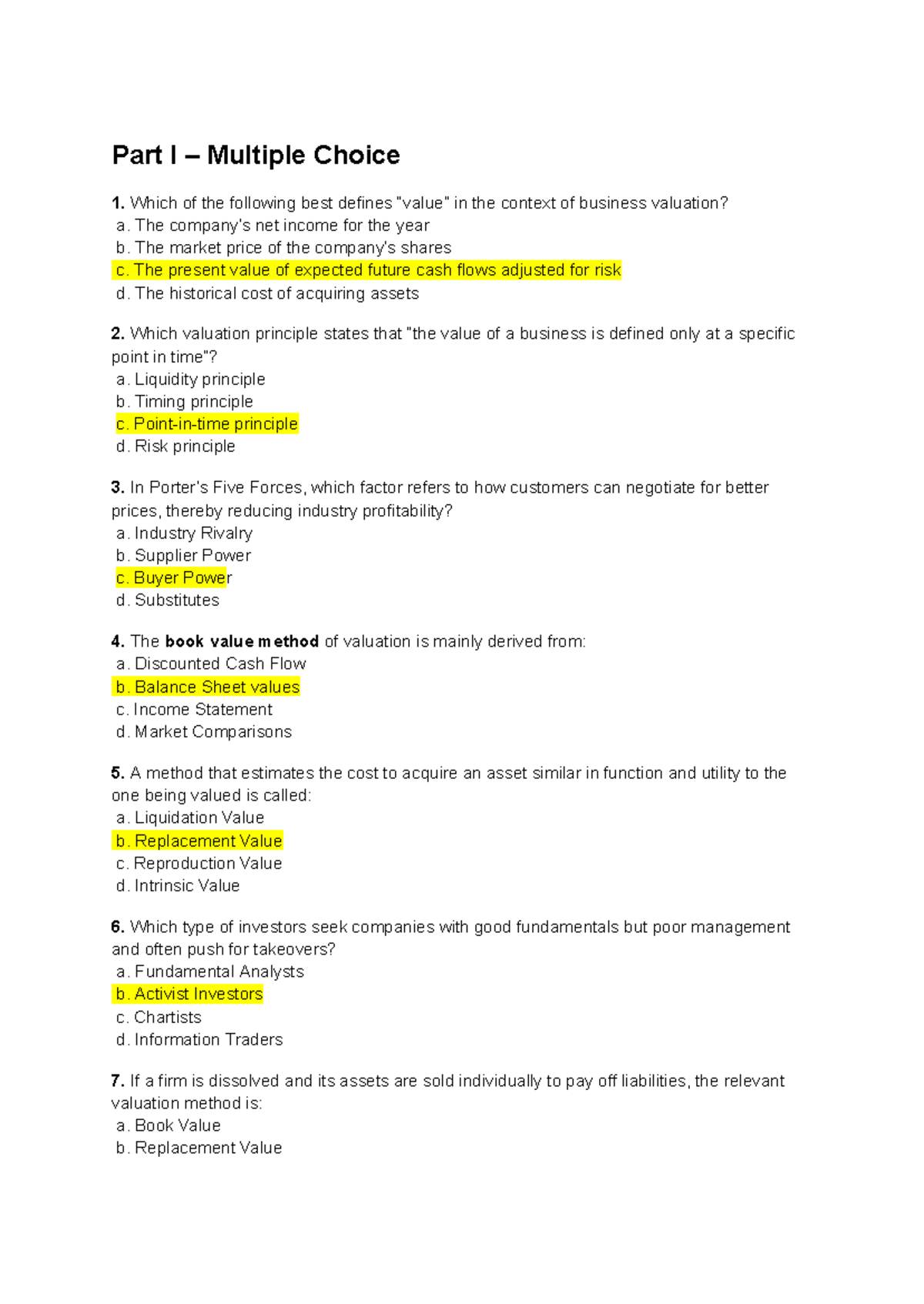 Valcon - ACC 101 Final Exam MCQs on Business Valuation Principles - Studocu