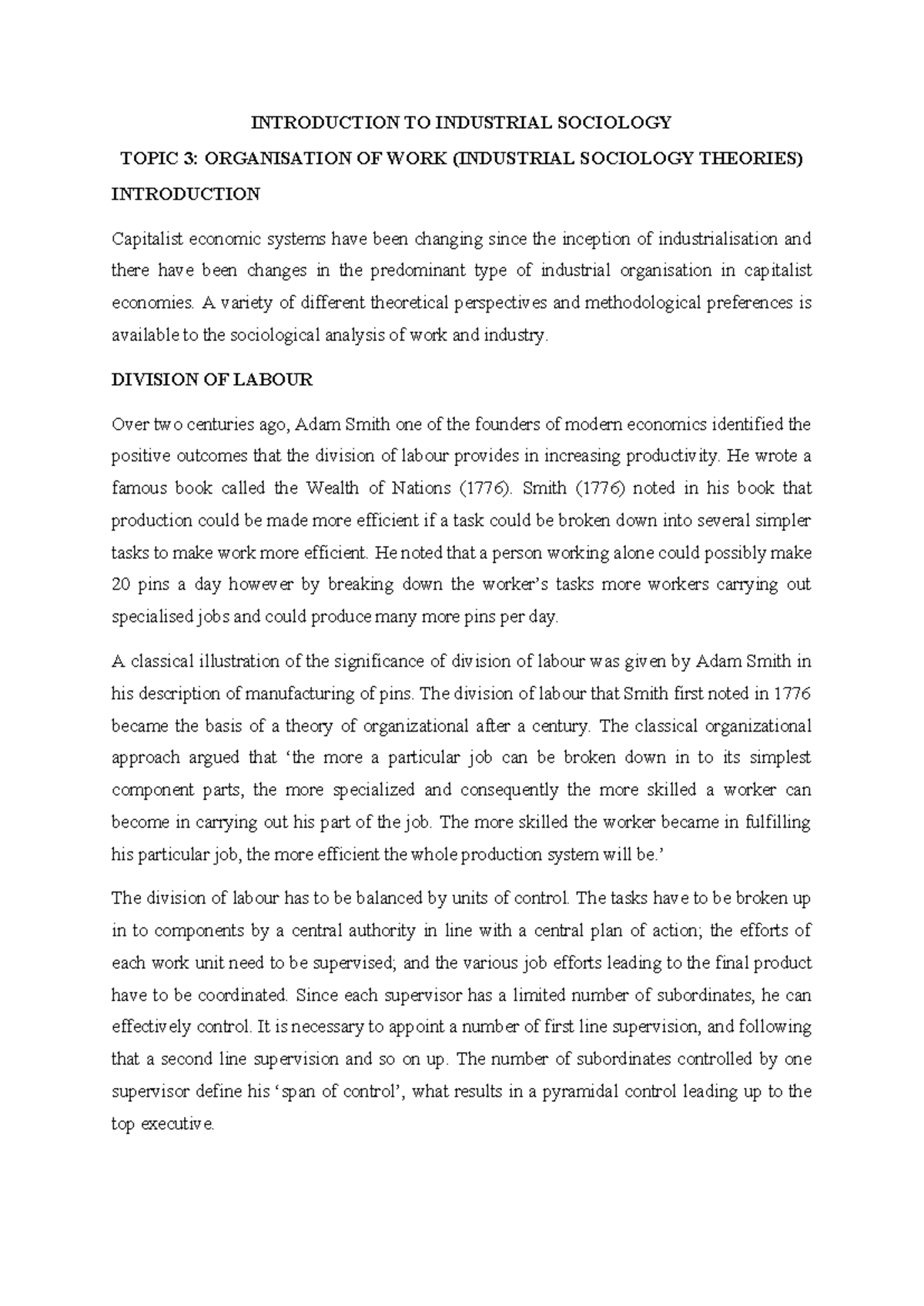 Industrial Sociology: Theories of Work Organization & Division of ...