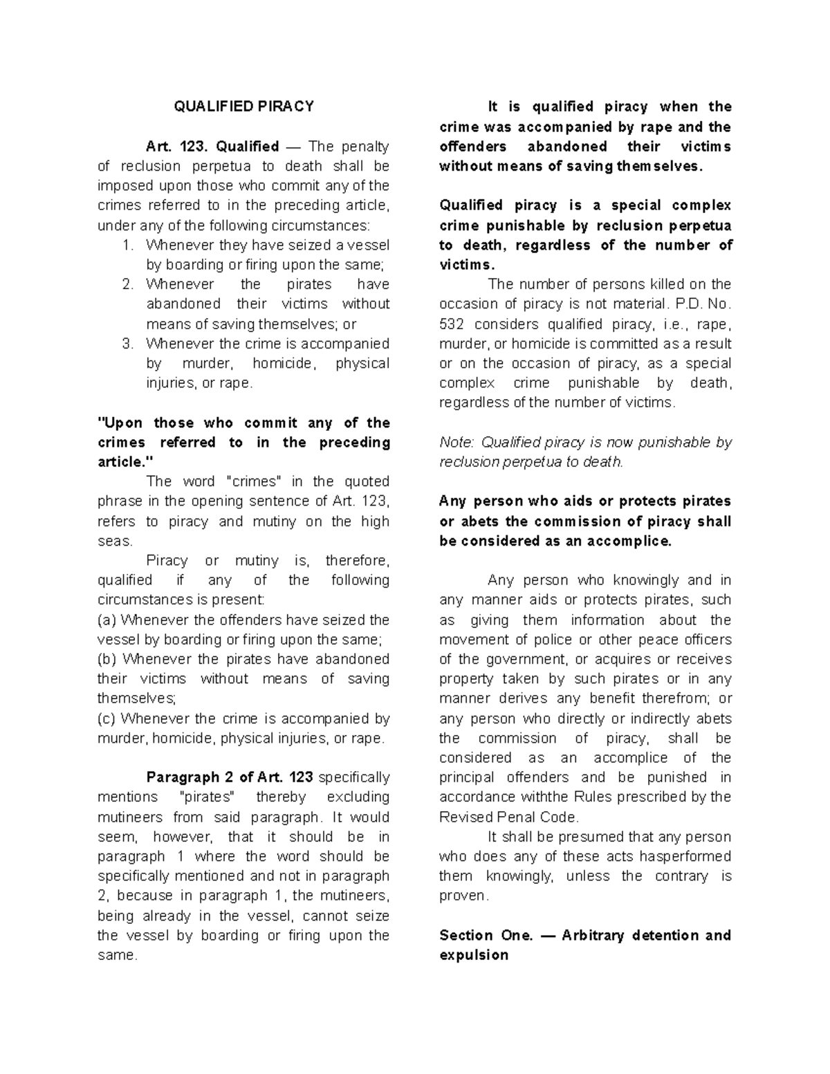 RPC 123-128: Qualified Piracy, Arbitrary Detention, and Expulsion - Studocu
