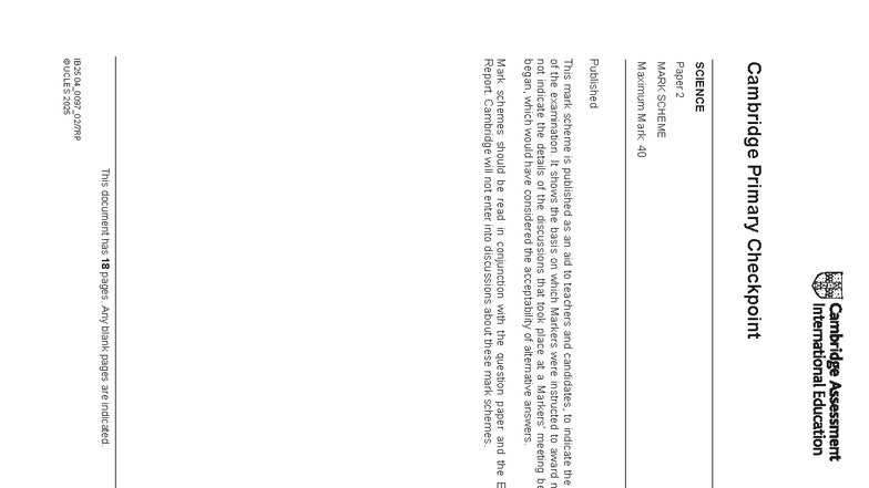 Cambridge Primary Checkpoint SCIENCE Paper 2 Mark Scheme April 2025 ...