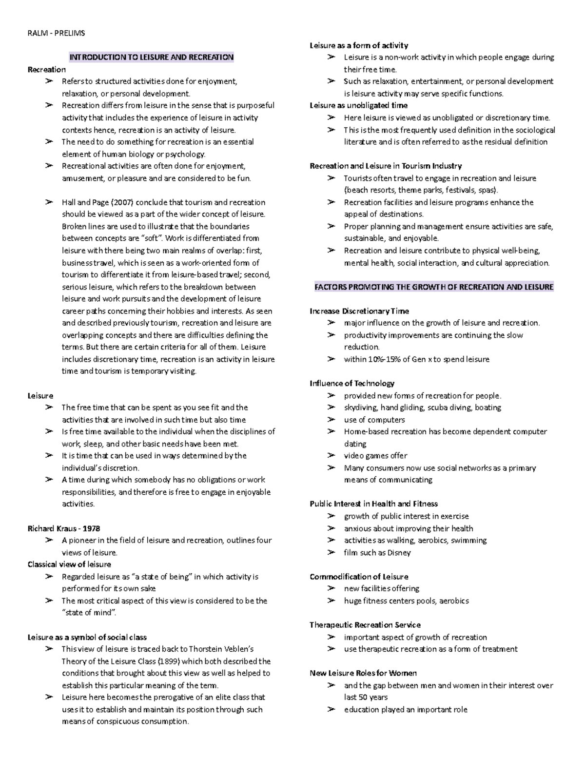 RALM 101: Introduction to Leisure and Recreation Prelims Notes - Studocu