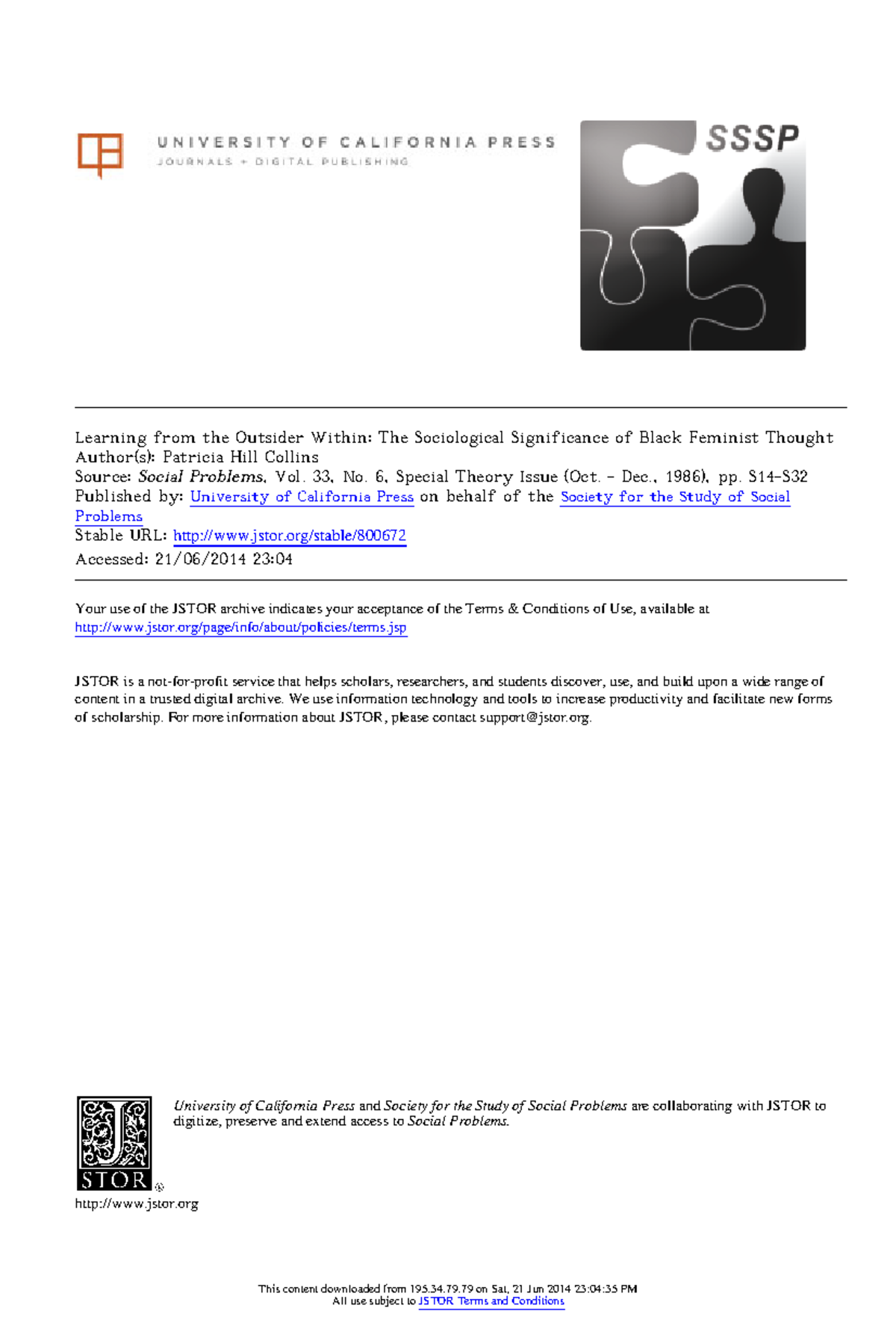 Collins 1986 - It was - Learning from the Outsider Within: The ...