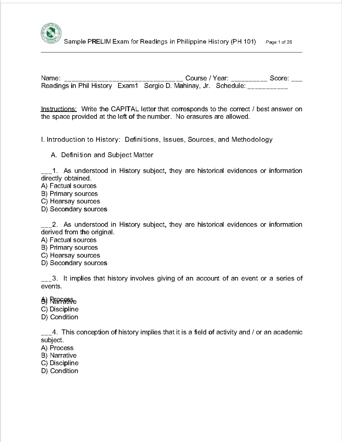 Sample PRELIM Exam for Readings in Philippine History (PH 101) - Studocu