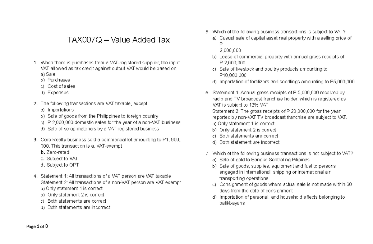 Questionnaire for Value Added Tax taxation - TAX007Q – Value Added Tax ...
