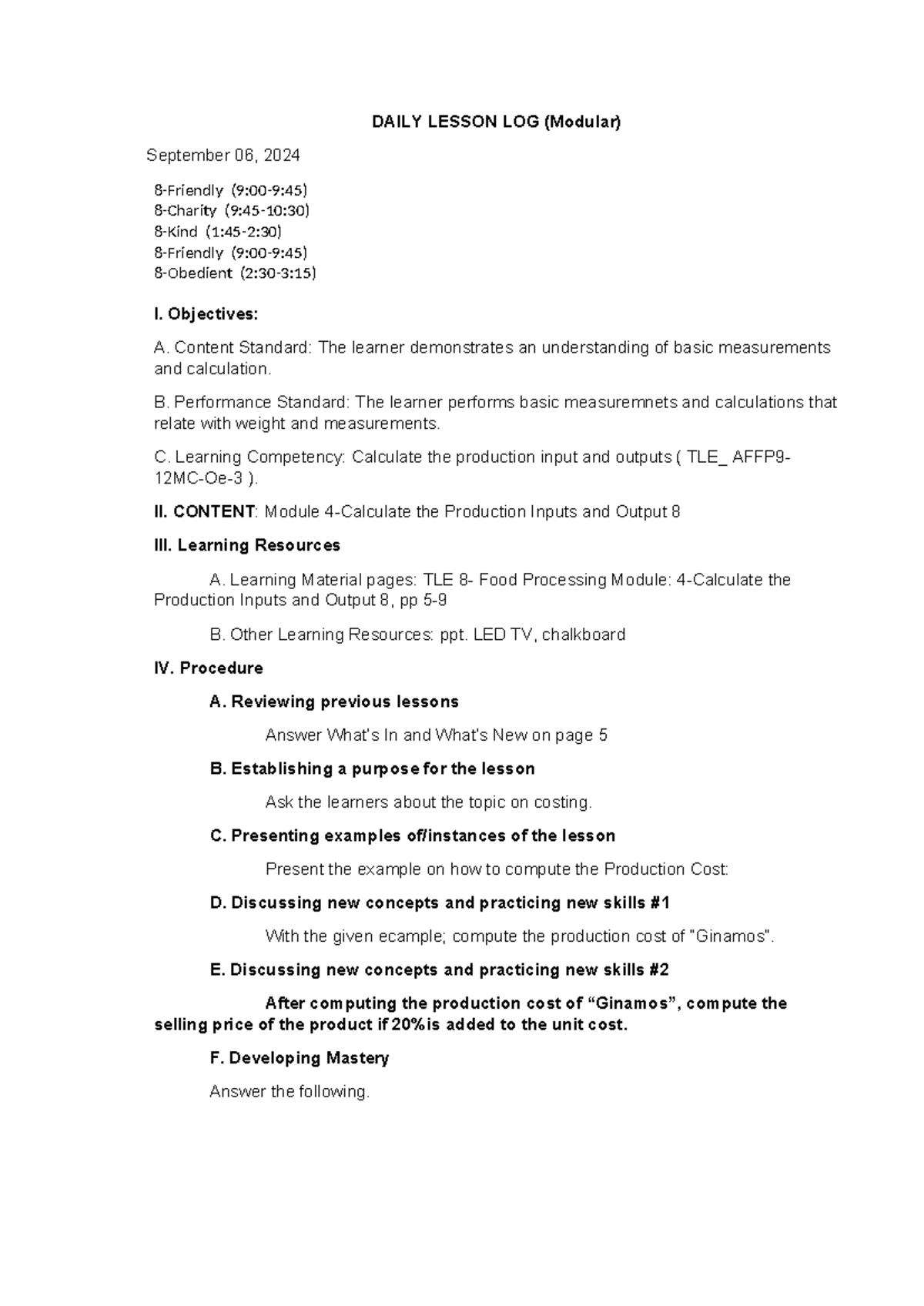 DAILY LESSON LOG (MDL) on Production Inputs & Outputs - Sept 6, 2024 ...