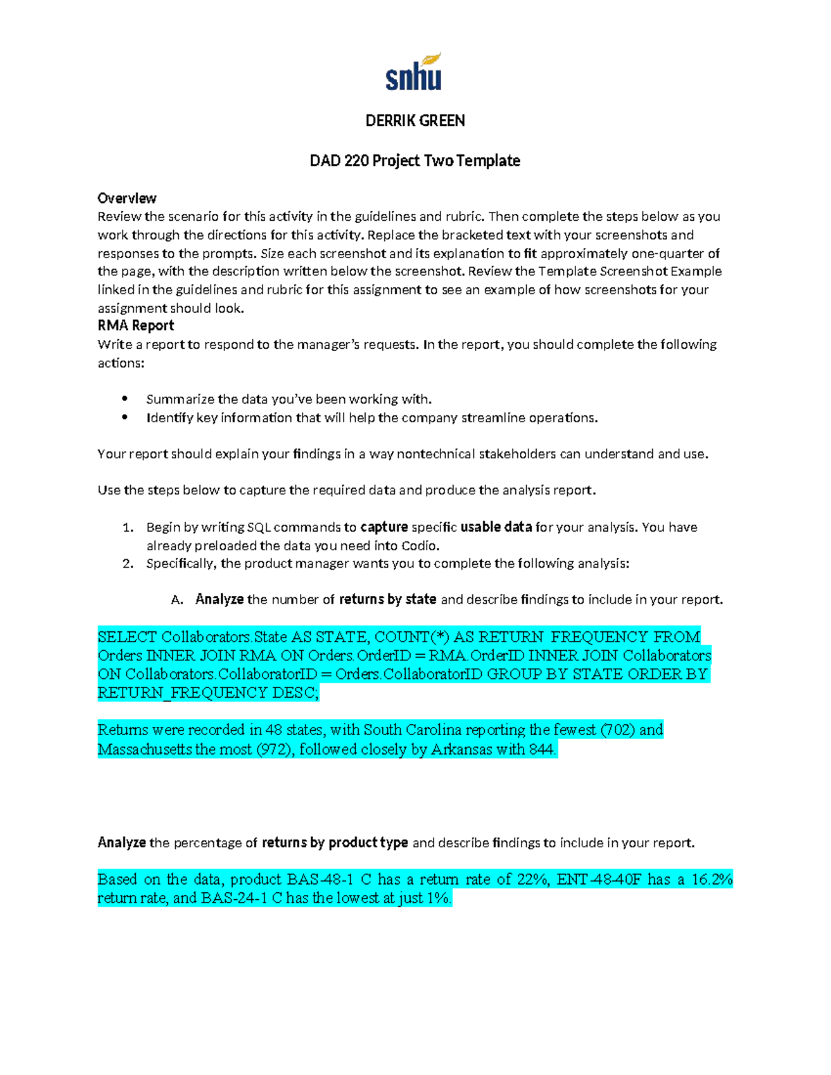 DAD 220 Project Two Template Overview and RMA Report Analysis - Studocu