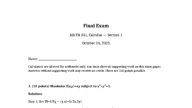 Final Exam Solutions for MATH 341, Calculus Section 1 - Studocu