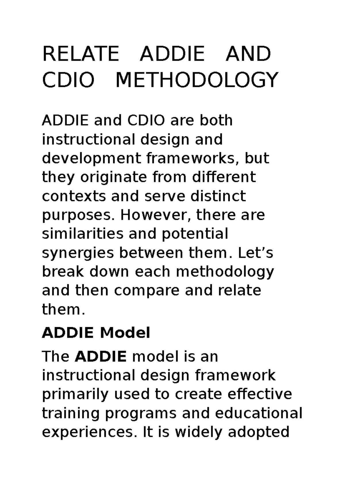 Relating ADDIE and CDIO Methodologies in Education Frameworks - Studocu