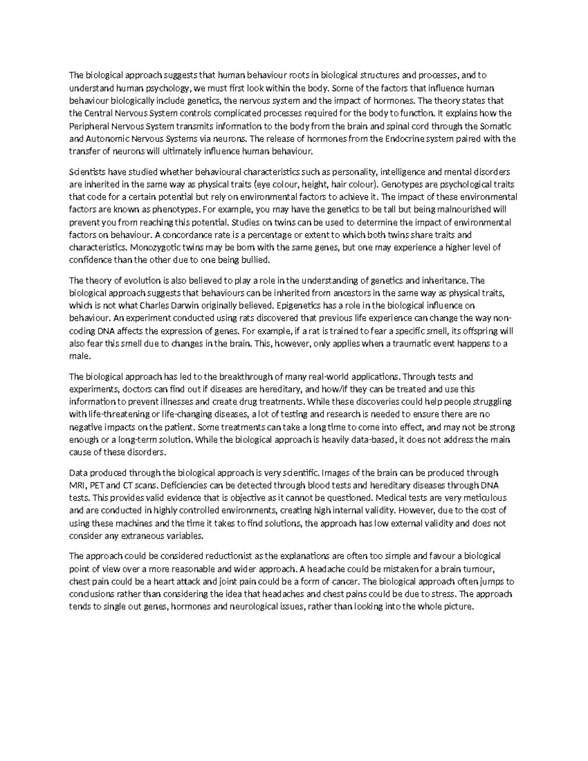 AQA Psychology: Biological Approach 16 Mark Essay Analysis - Studocu