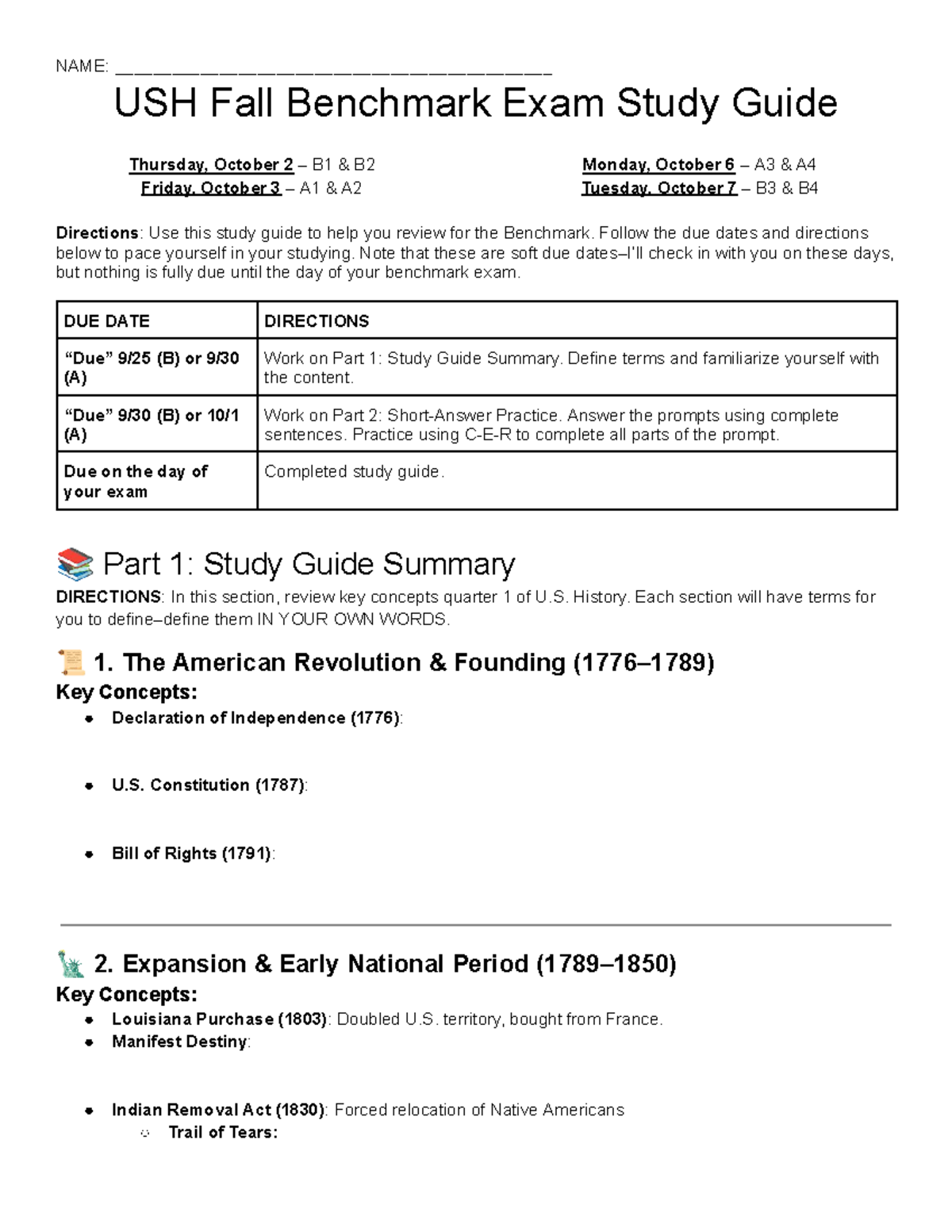 USH Fall Benchmark Exam Study Guide: Key Concepts & Practice Qs - Studocu
