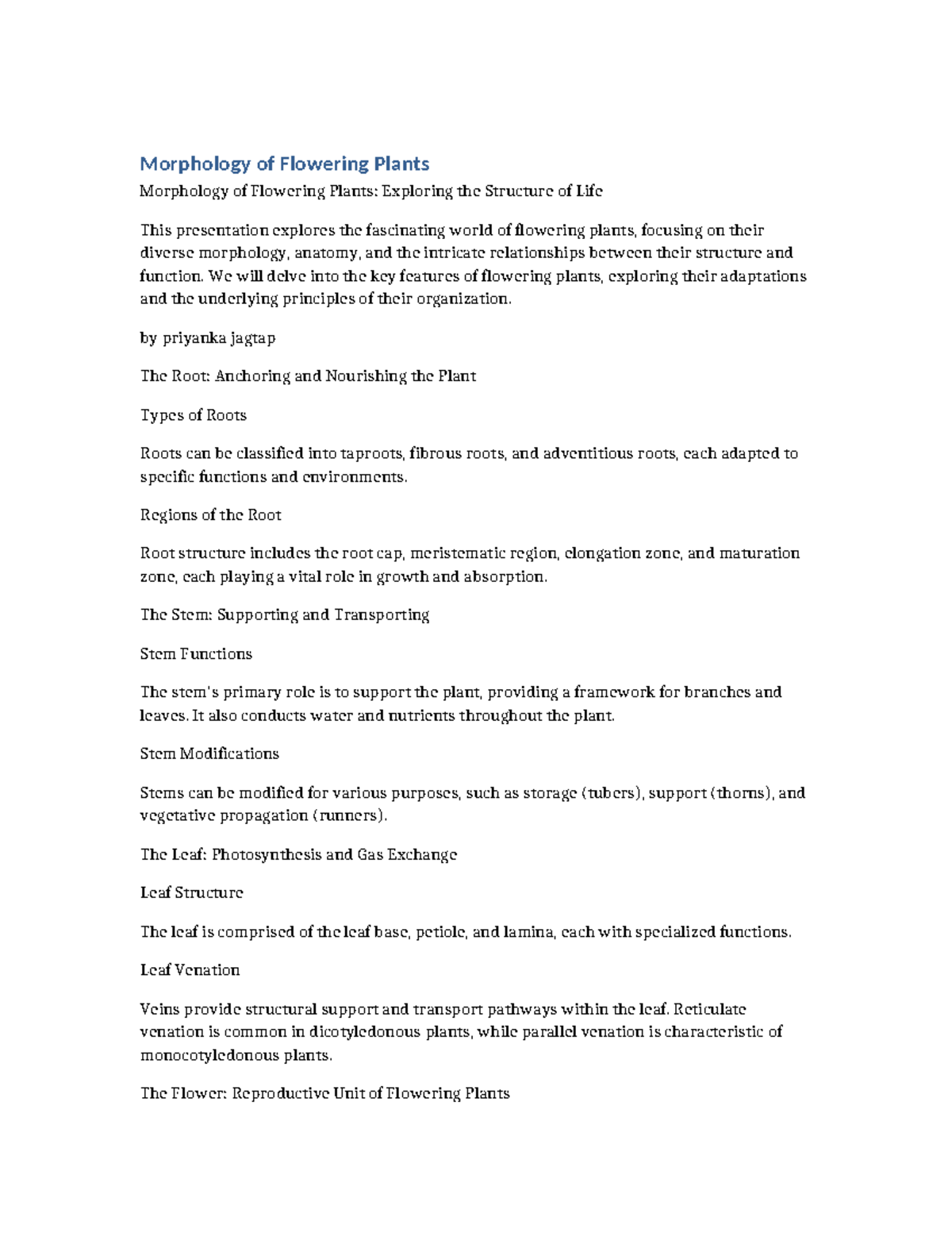 Morphology of Flowering Plants: Structure and Function Overview - Studocu