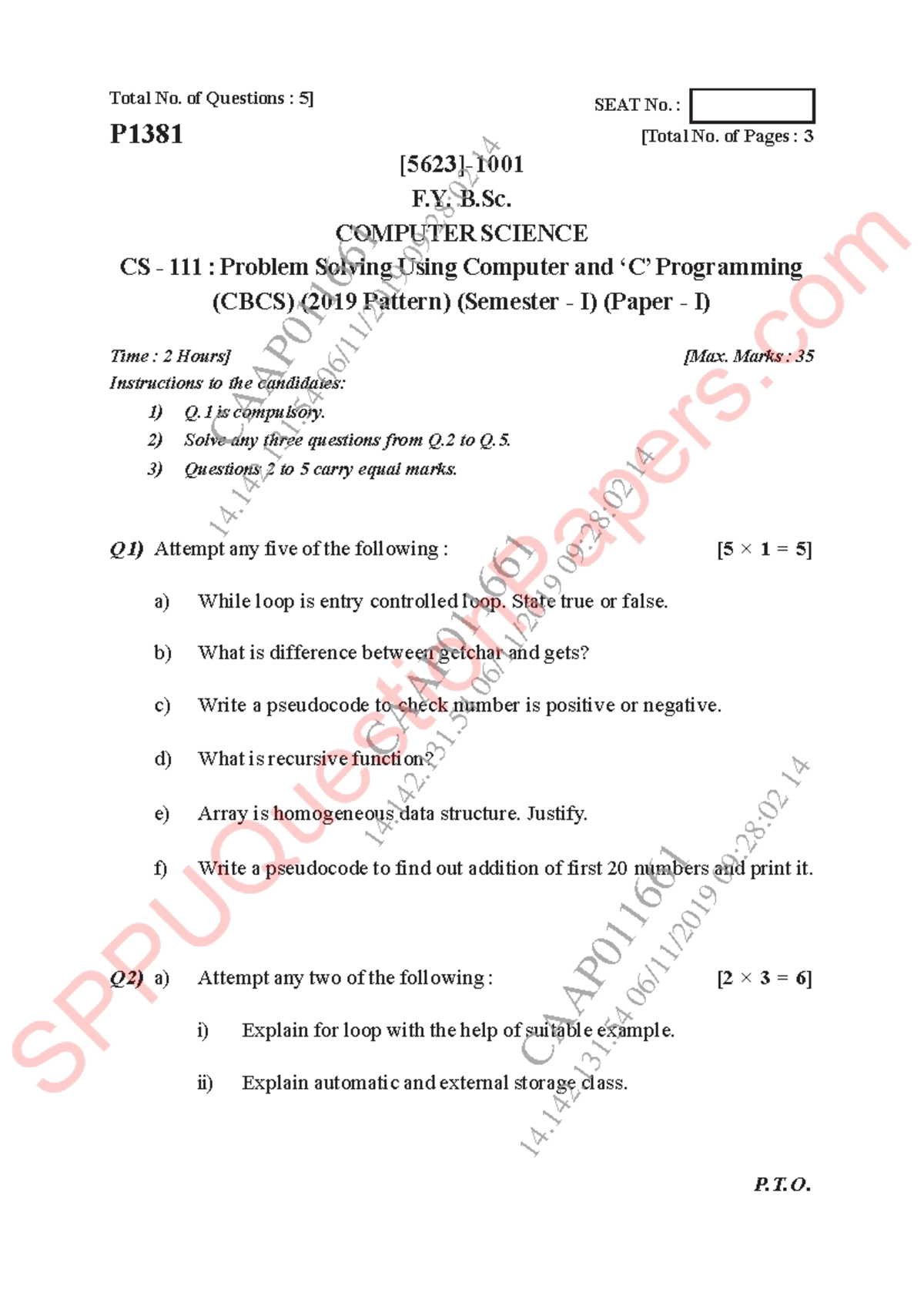 CS-111: Problem Solving Using Computer & C Programming - Nov 2019 Exam ...