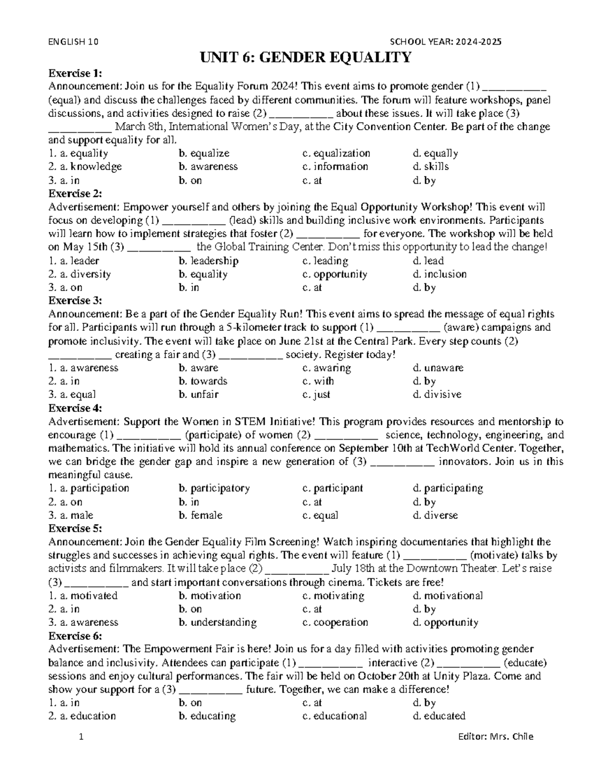 ENGLISH 10 UNIT 6: GENDER EQUALITY Exercises and Announcements - Studocu