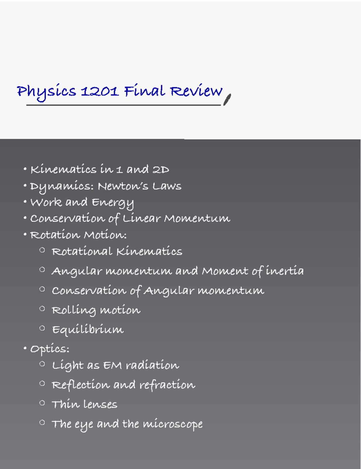 Physics 1201 Final Exam Review: Kinematics, Dynamics, and Energy ...