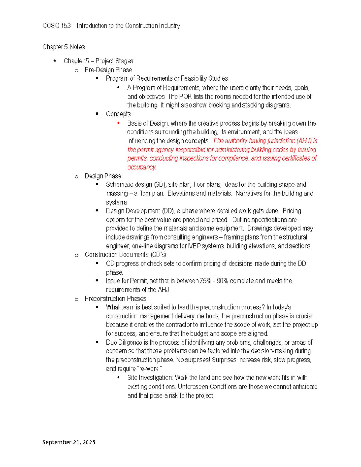 COSC 153 Chapter 5 Notes: Project Stages & Construction Phases - Studocu