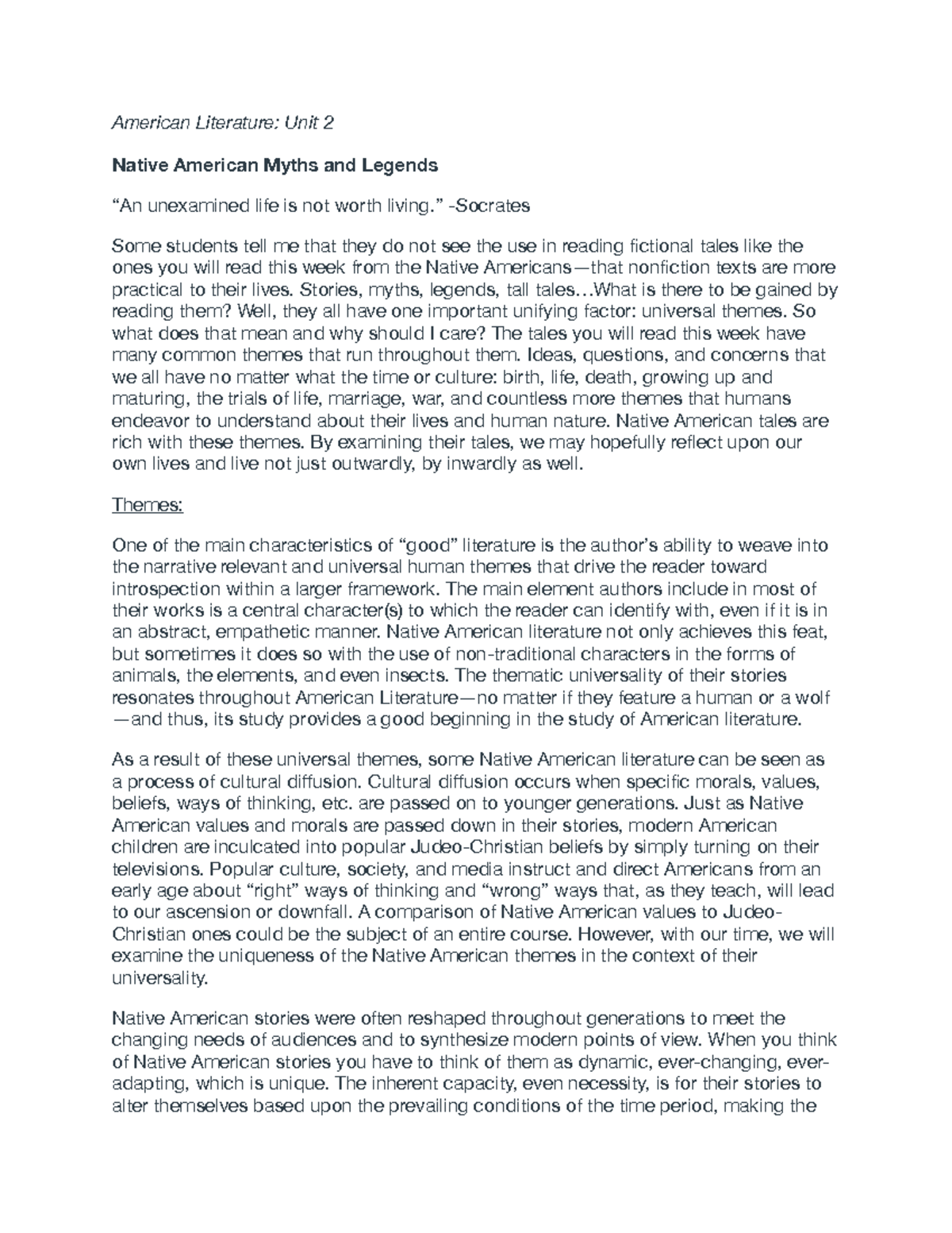 Am lit 2 - Native American Myths American Literature Class Notes ...