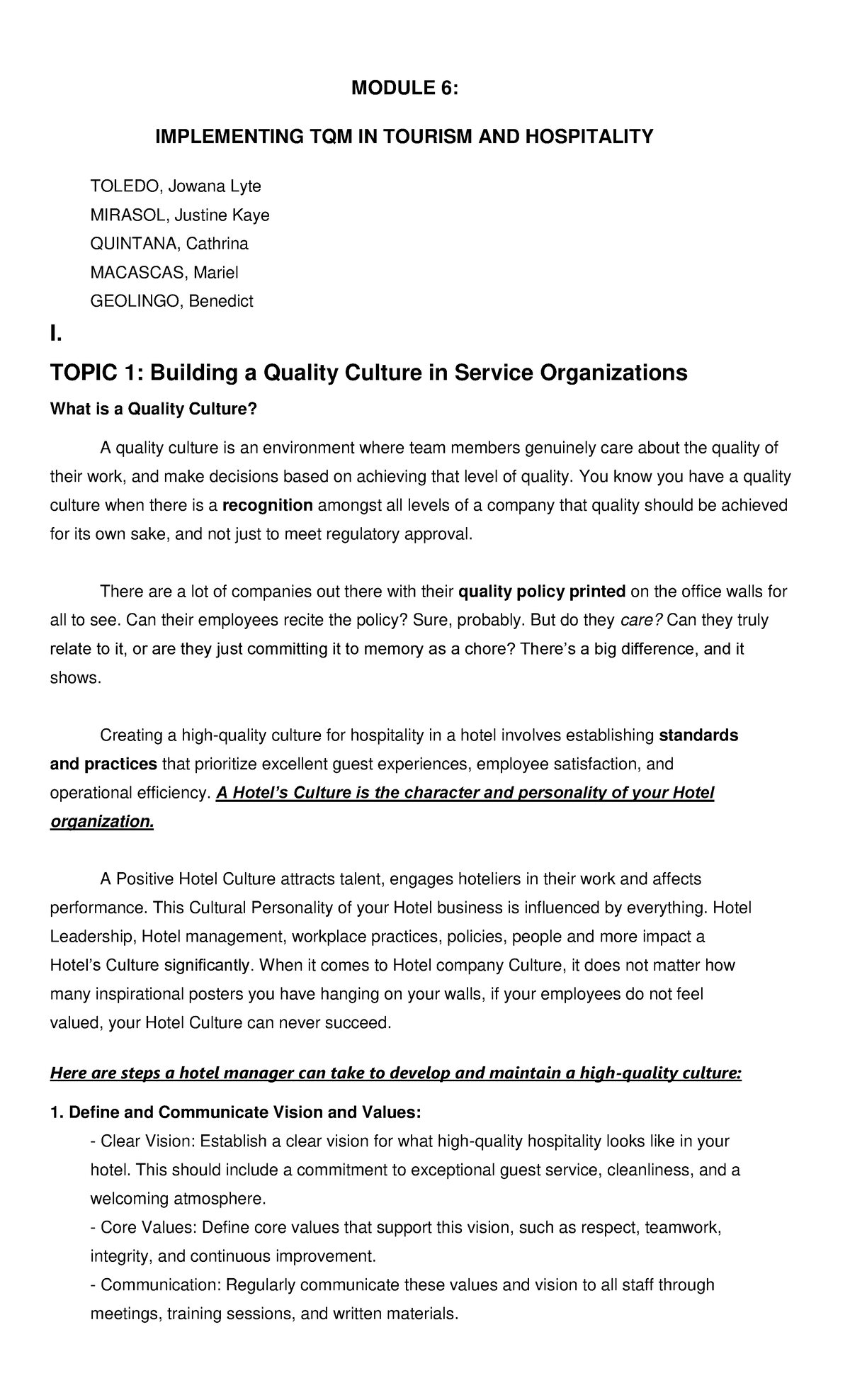 Module 6 - Summary Strategic Management - MODULE 6: IMPLEMENTING TQM IN TOURISM AND HOSPITALITY ...