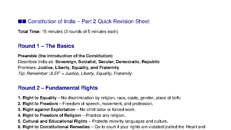 Constitution of India Part 2: Quick Revision Guide for Students - Studocu