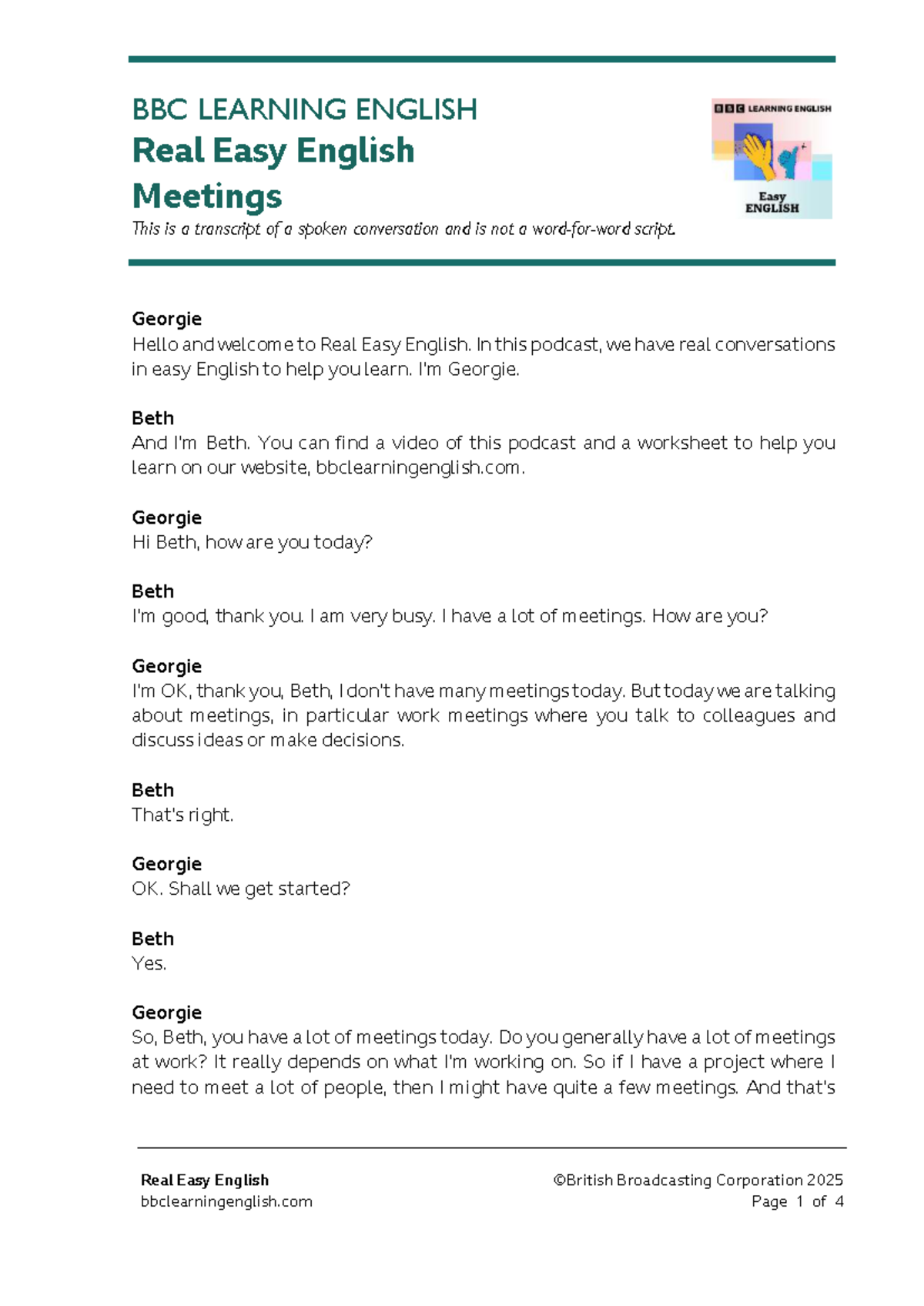 BBC LEARNING ENGLISH: Real Easy English Meetings Transcript - Studocu