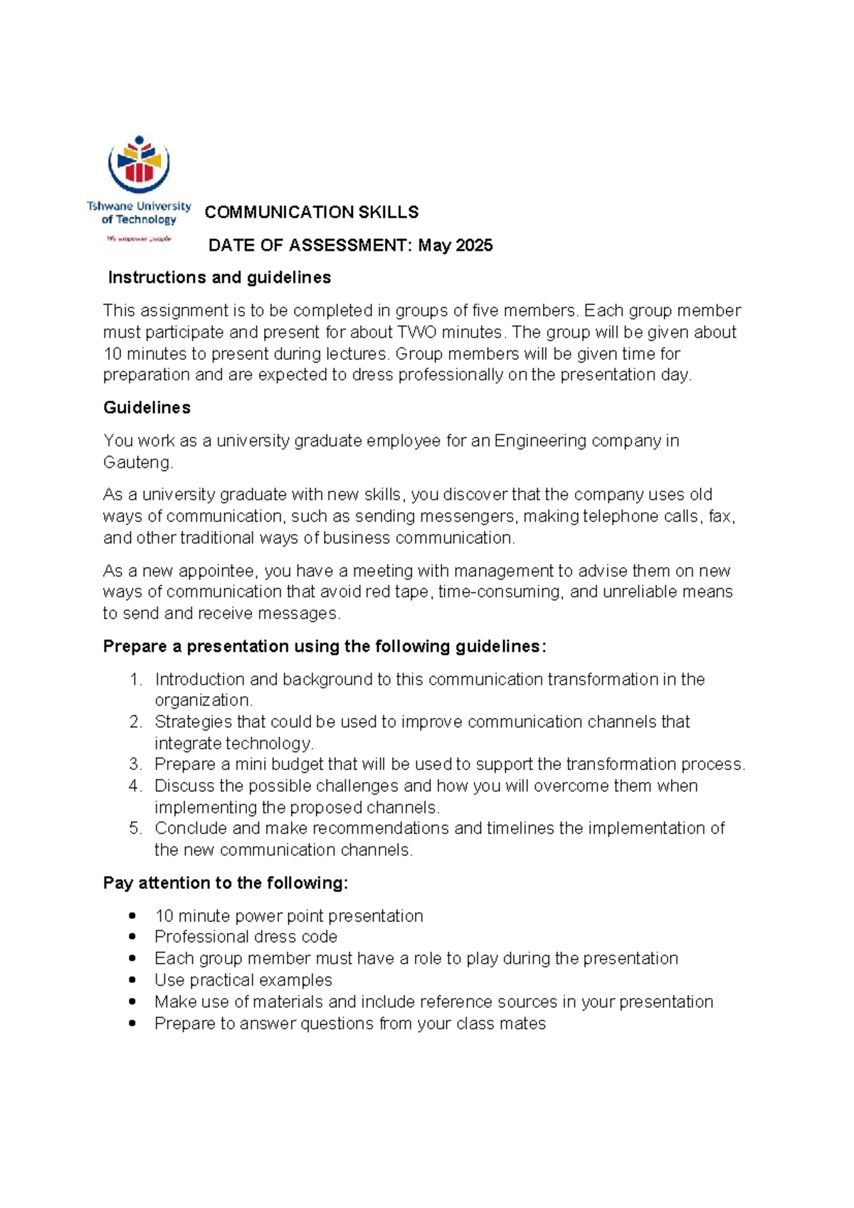 COMM 101: Communication Skills Group Presentation Guidelines 2025 - Studocu