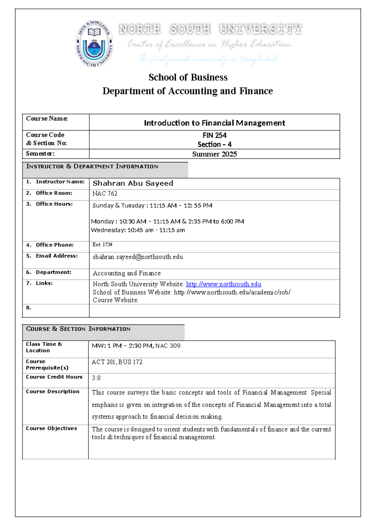 FIN 254 Course Outline: Introduction to Financial Management - Summer 2025 - Studocu