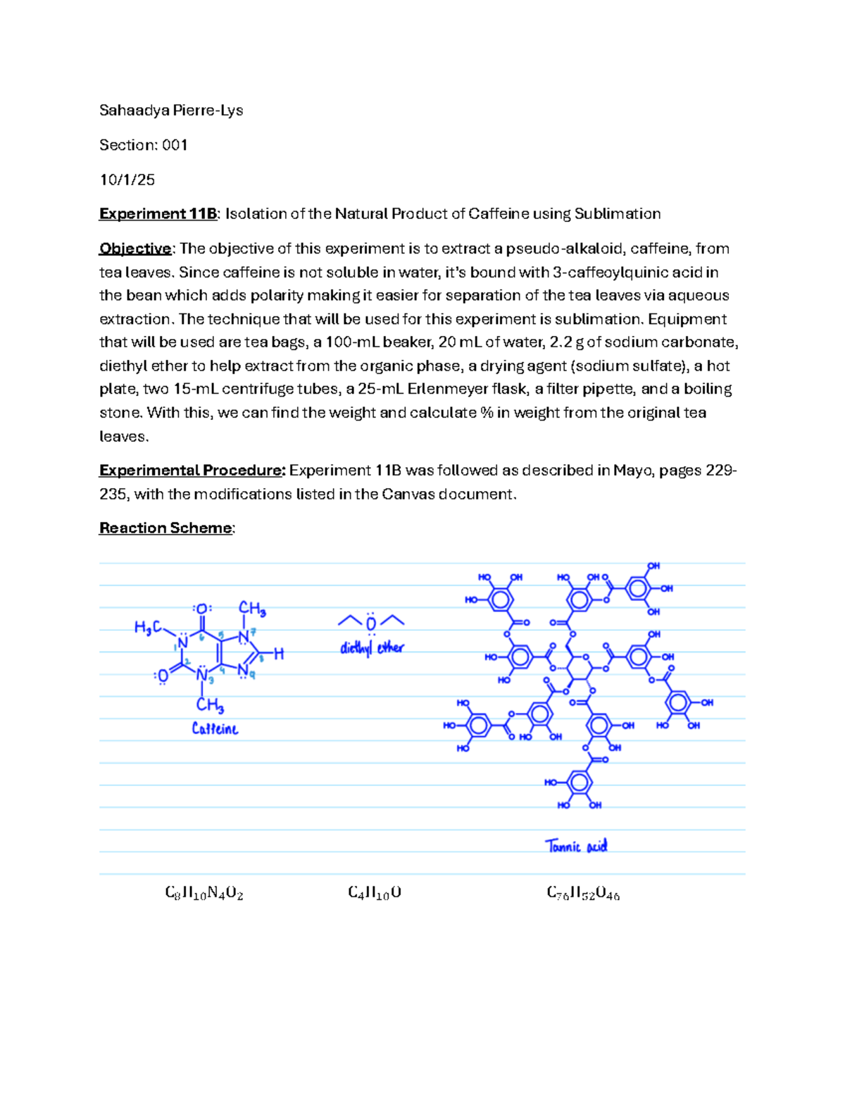 Orgo Chem Lab 5: Experiment 11B - Isolation of Caffeine via Sublimation ...