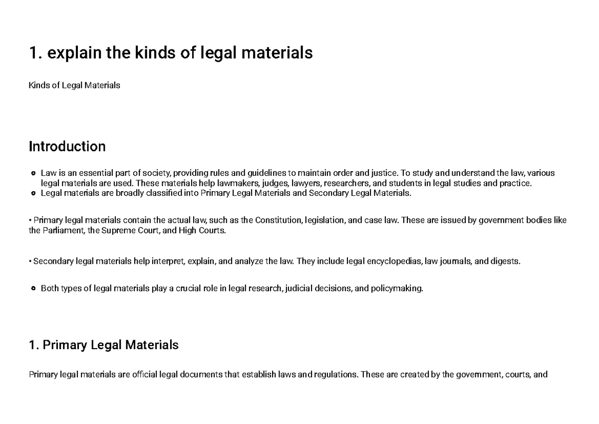 5an H9hg Tvr - Sem 1 notes - 1. explain the kinds of legal materials ...