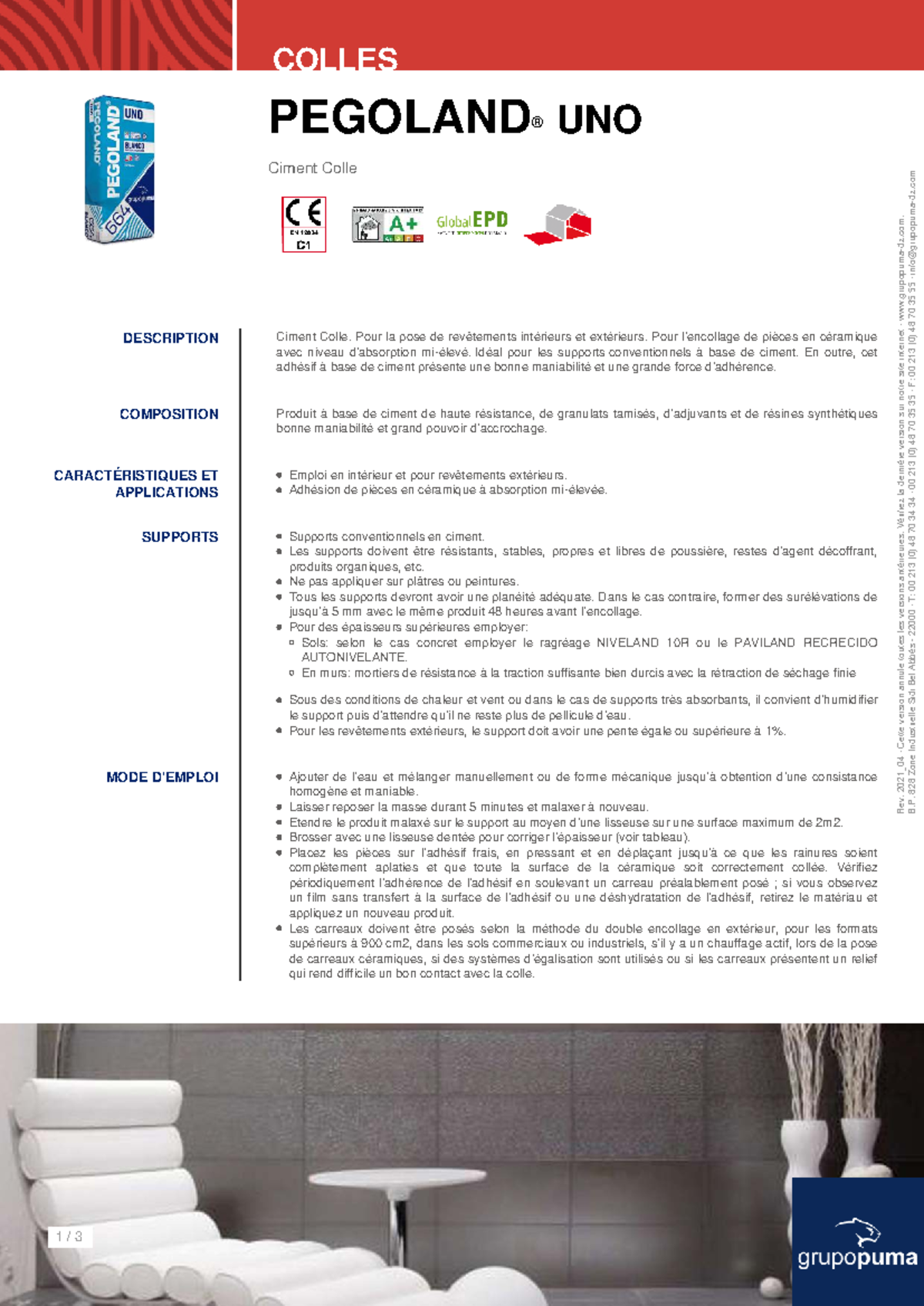 COLLES PEGOLAND UNO: Ciment Colle pour Revêtements Intérieurs ...
