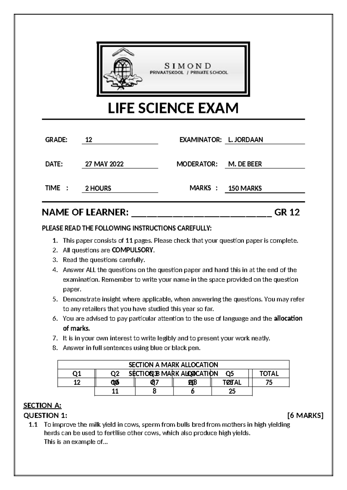 LIFE Science Gr 12 Final Exam Paper - 27 May 2022 - Studocu