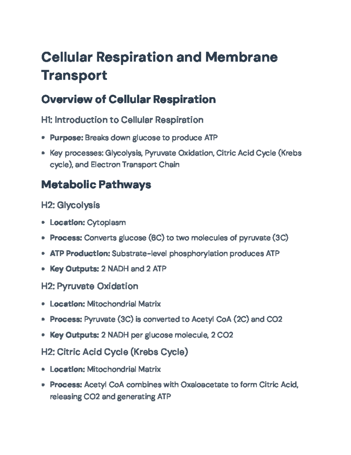 Comprehensive Overview of Cellular Respiration & Membrane Transport ...