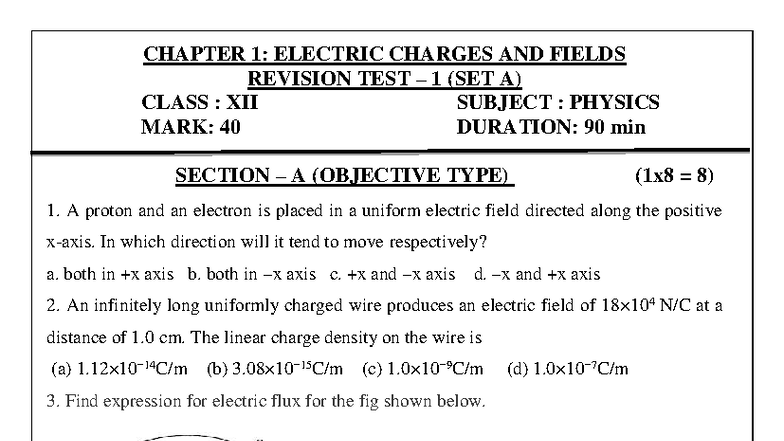 XII PHYSICS: CHAPTER 1 & 2 REVISION TESTS (SET A & B) - Studocu