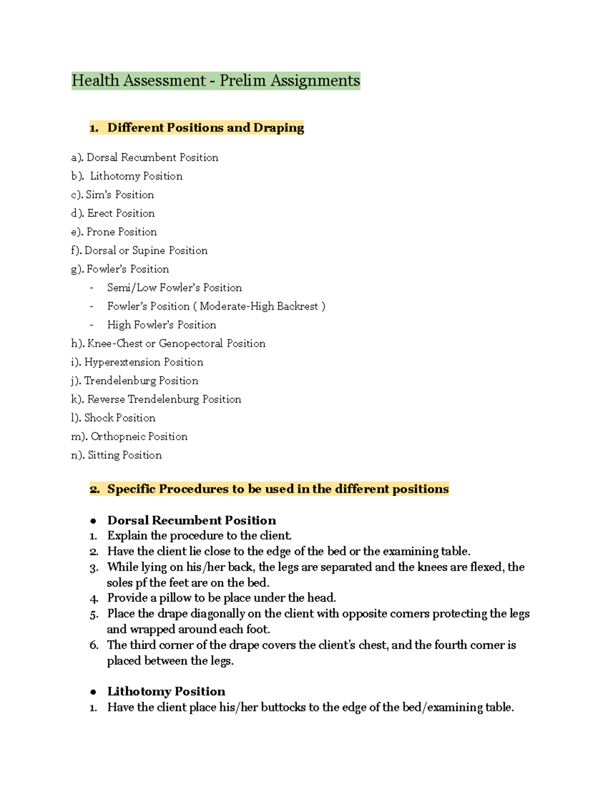 Health Assessment HA-Prelim: Positions, Procedures & Wound Healing ...