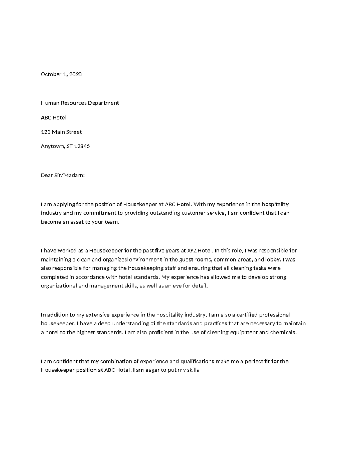 Application Letter for Housekeeping Position at ABC Hotel - Studocu