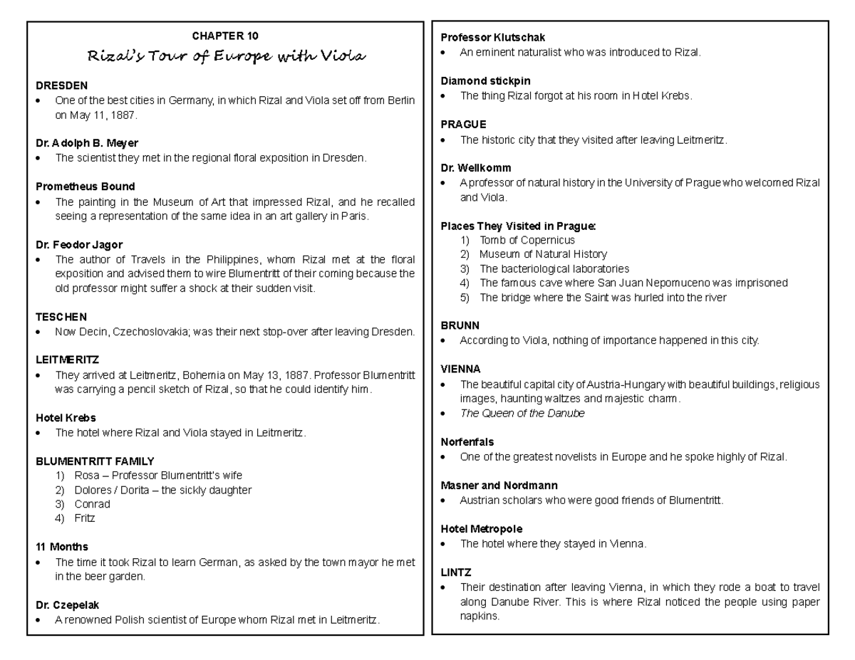 Rizal Handouts (Chap 10-11) - CHAPTER 10 Rizal’s Tour of Europe with ...