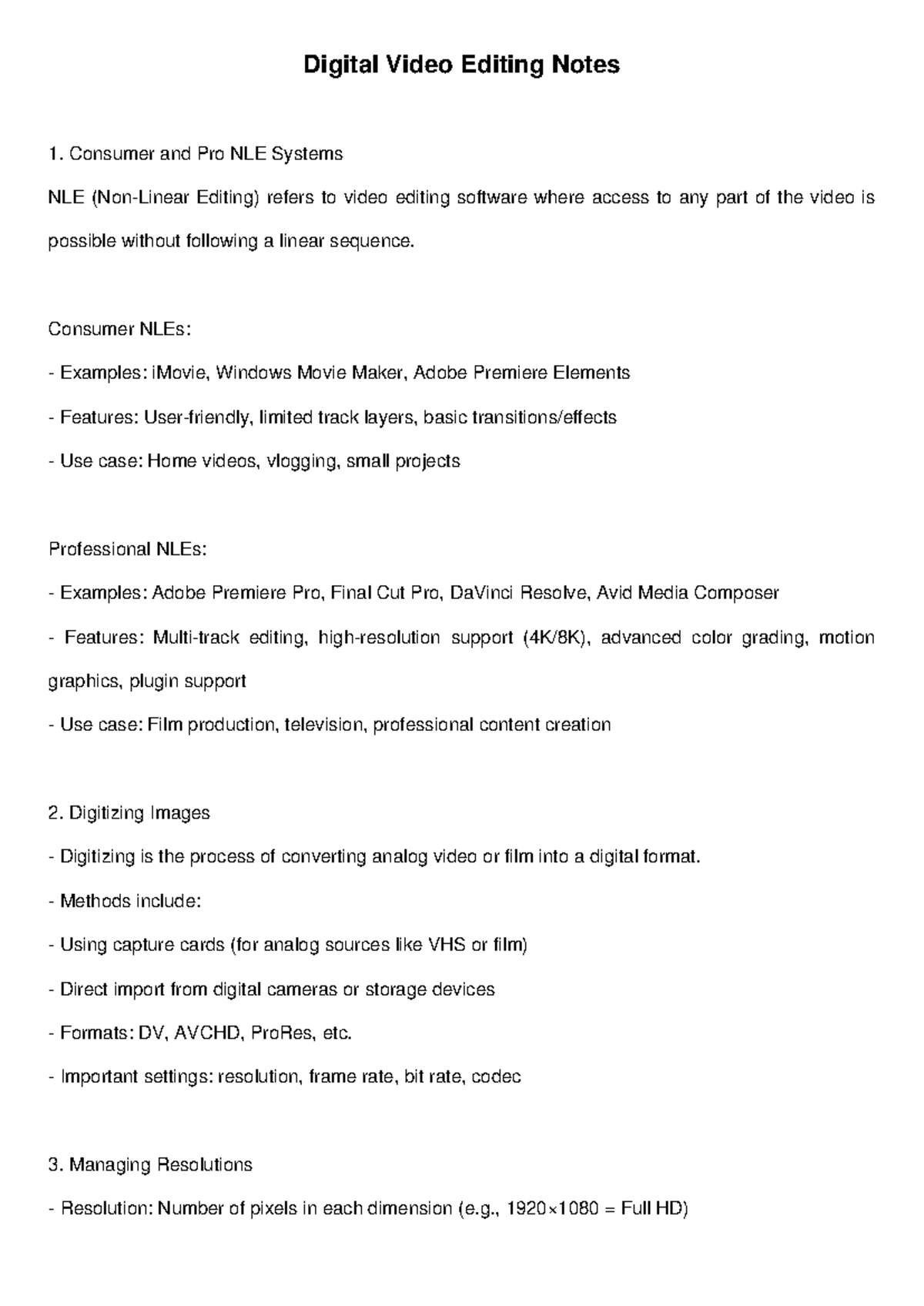 Digital Video Editing Notes: Consumer & Pro NLE Systems Overview - Studocu