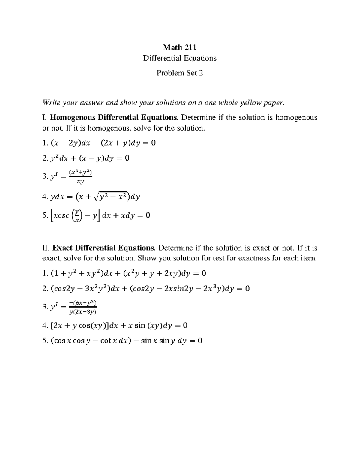 Math 211 Problem Set 2 - Differential Equation - Math 211 Differential ...