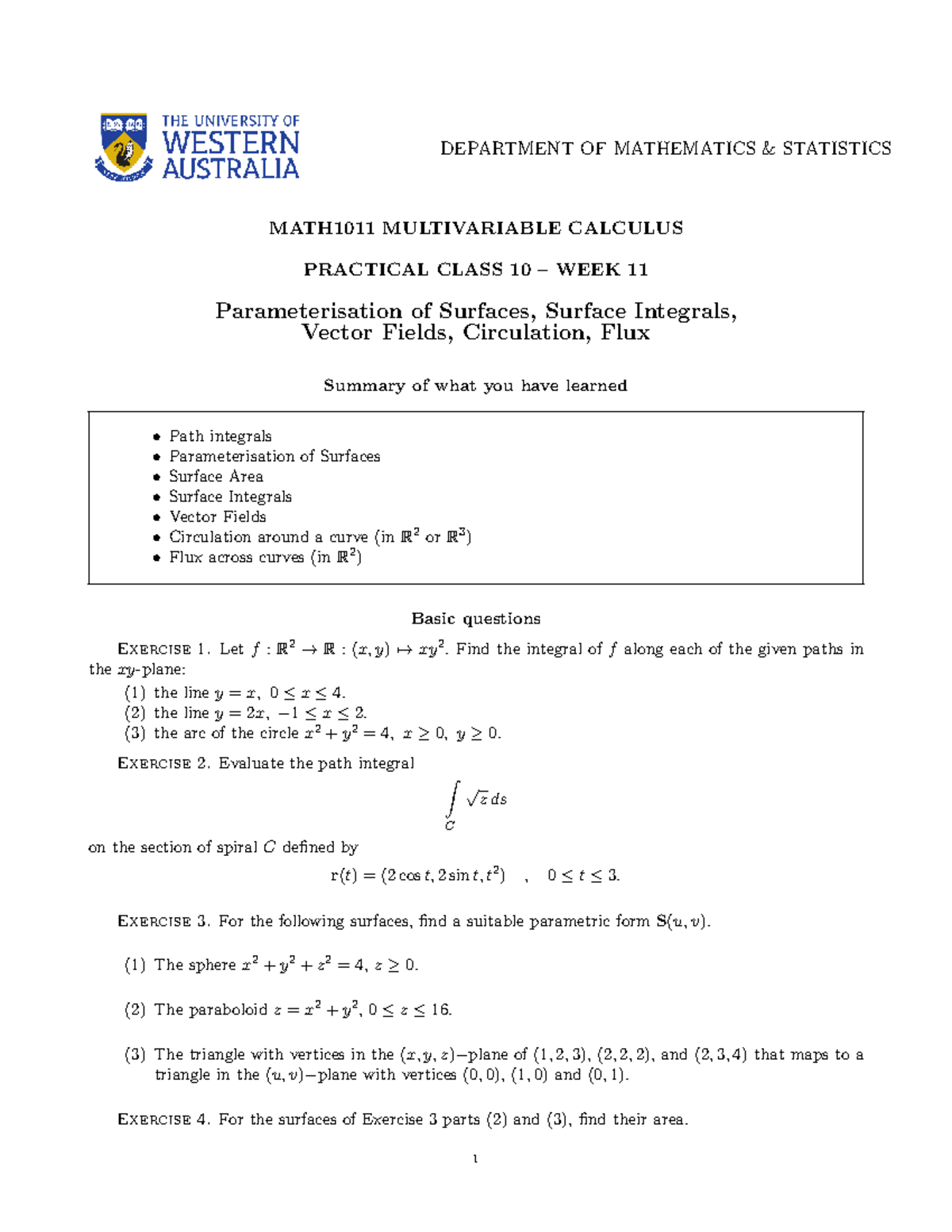 MATH1011 Multivariable Calculus Practical Class 10 Summary & Exercises ...