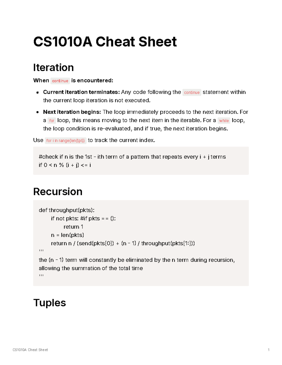 CS1010A Cheat Sheet: Iteration, Recursion, and Complexities - Studocu