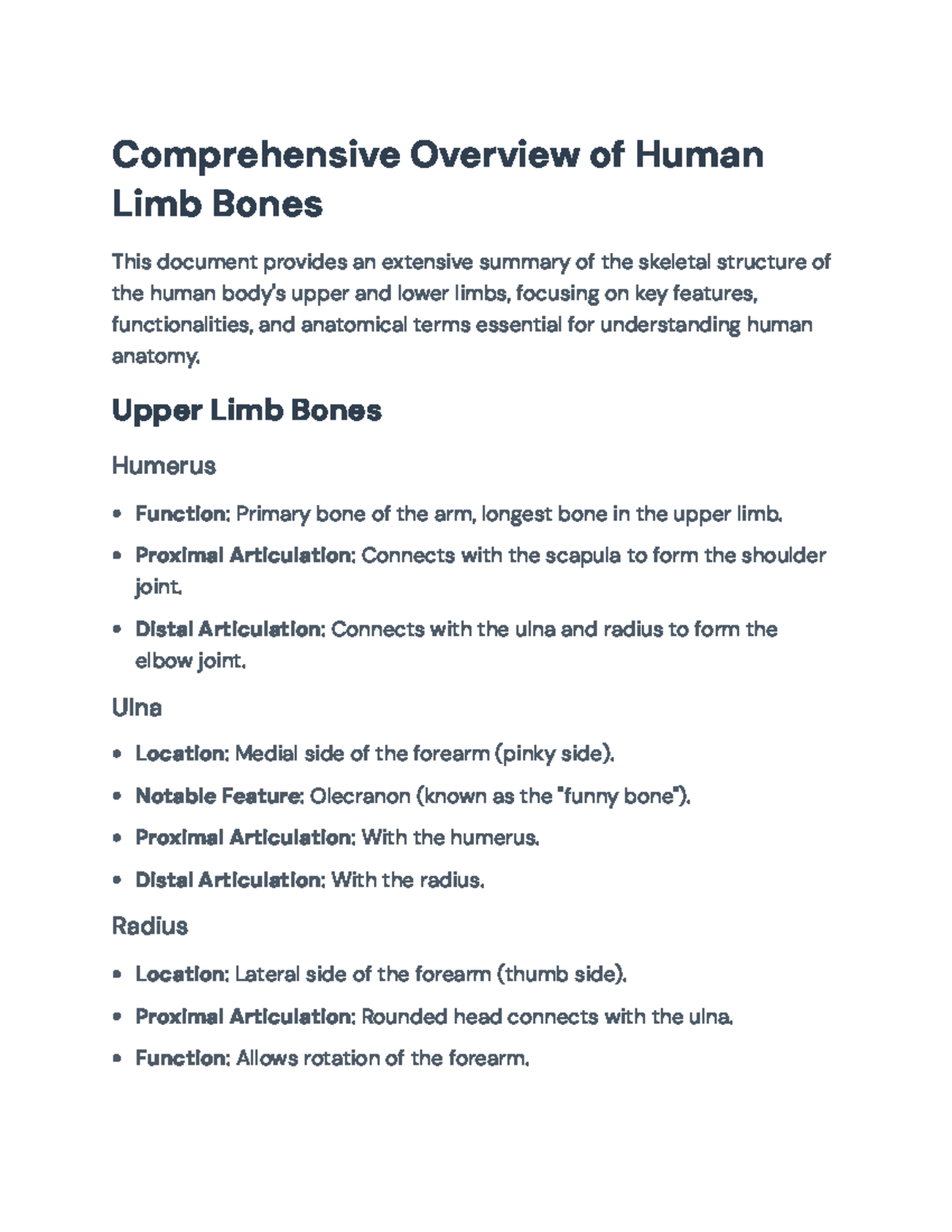 Human Limb Bones Anatomy Overview (BIO101 Lecture Notes ...