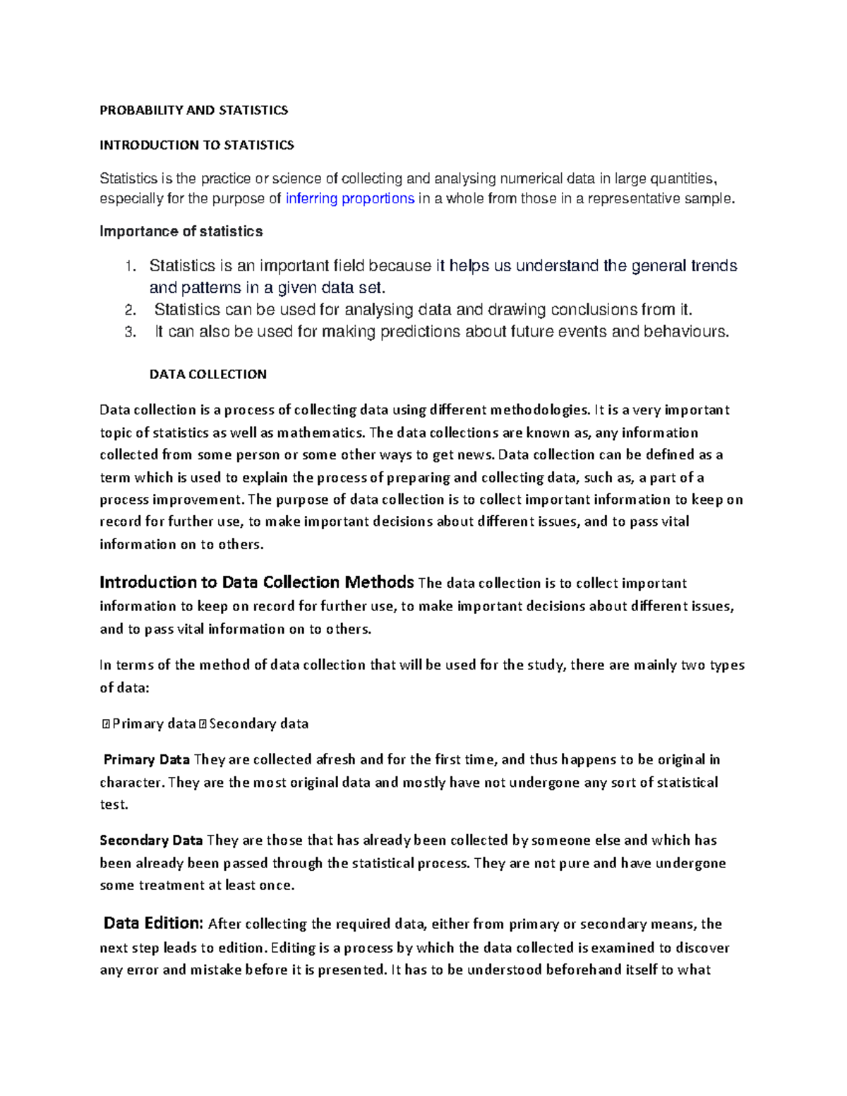 Probability and Statistics: Intro to Data Collection Methods - Studocu