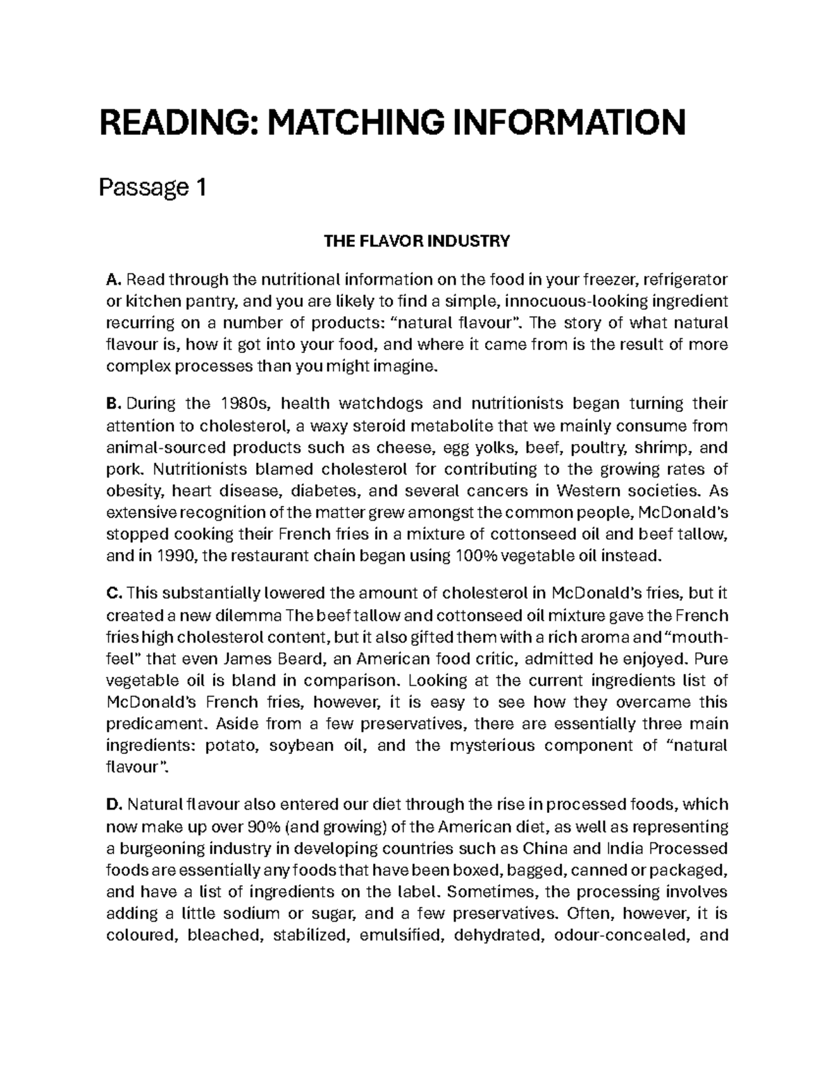 Reading Passage: Matching Information on the Flavor Industry and ...